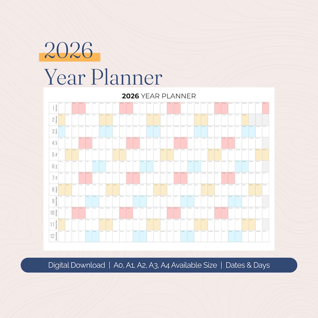 2026 Year Planner | A0-A4 Digital Download | Printable Wall Calendar ...