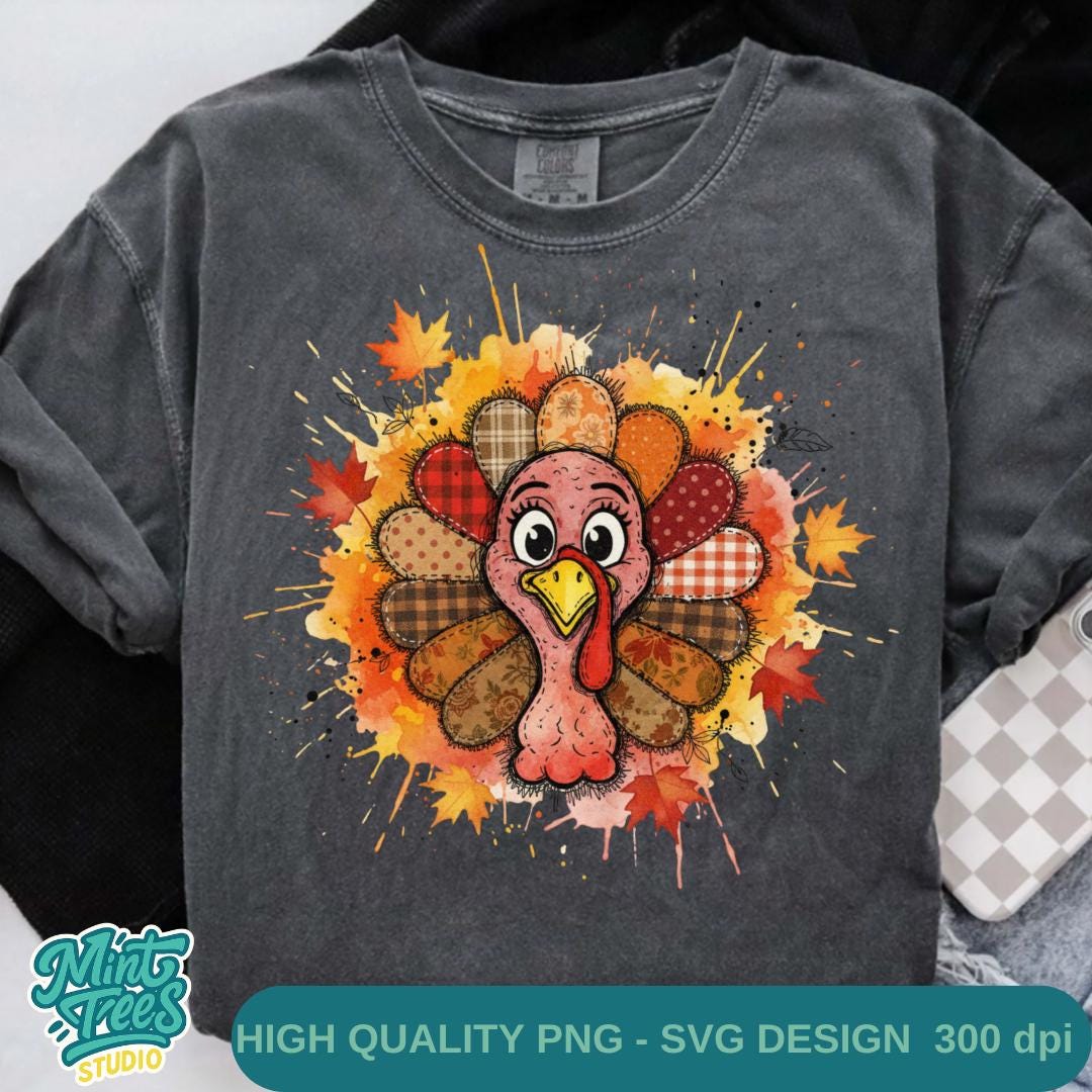Pink Patchwork Turkey PNG: Watercolor Thanksgiving Clipart (digital ...