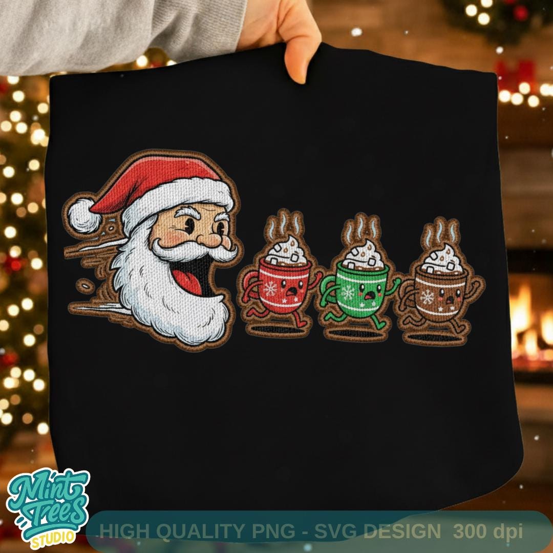 Funny Santa Chasing Hot Cocoa PNG | Christmas Patch Style Clipart ...