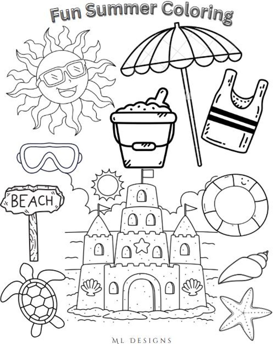 Summer Fun Coloring | Printable 2 Sheets - Etsy