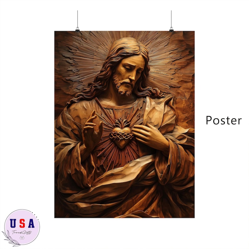 Sacred Heart of Jesus Wood Carving Art – Christian Canvas & Catholic ...