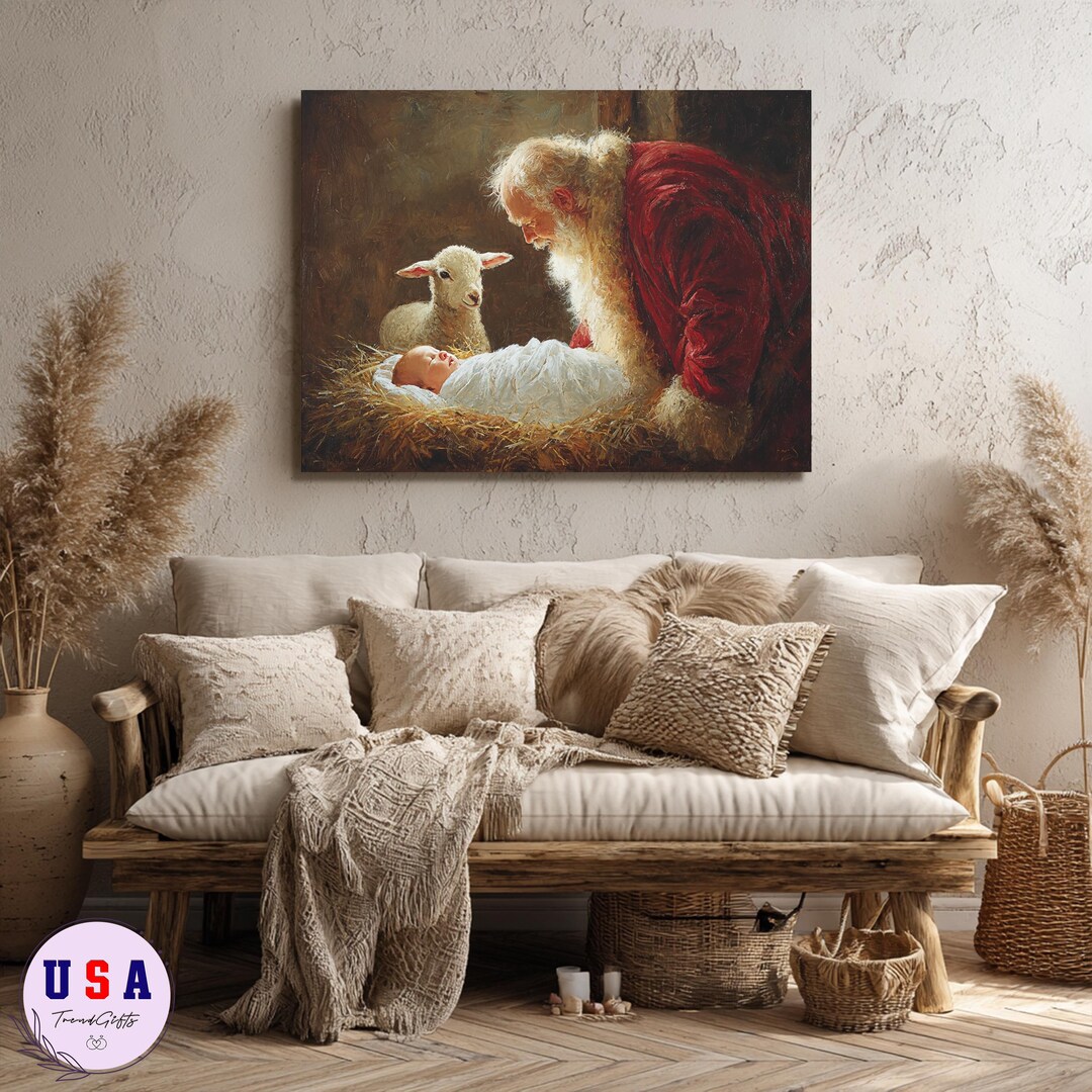Santa With Baby Jesus and Lamb Canvas Art, Holy Night Nativity Scene - Etsy
