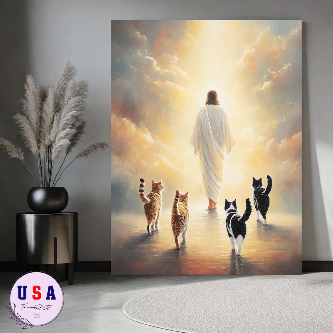 Jesus Walking With Cats Canvas Print | Religious Cat Lover Gift - Etsy