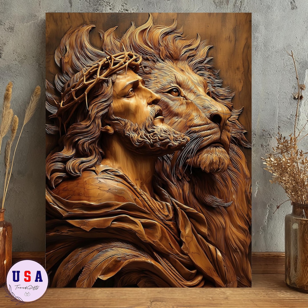 Jesus and Lion Wood Carving Art | Christian Canvas & Poster | Lion of ...