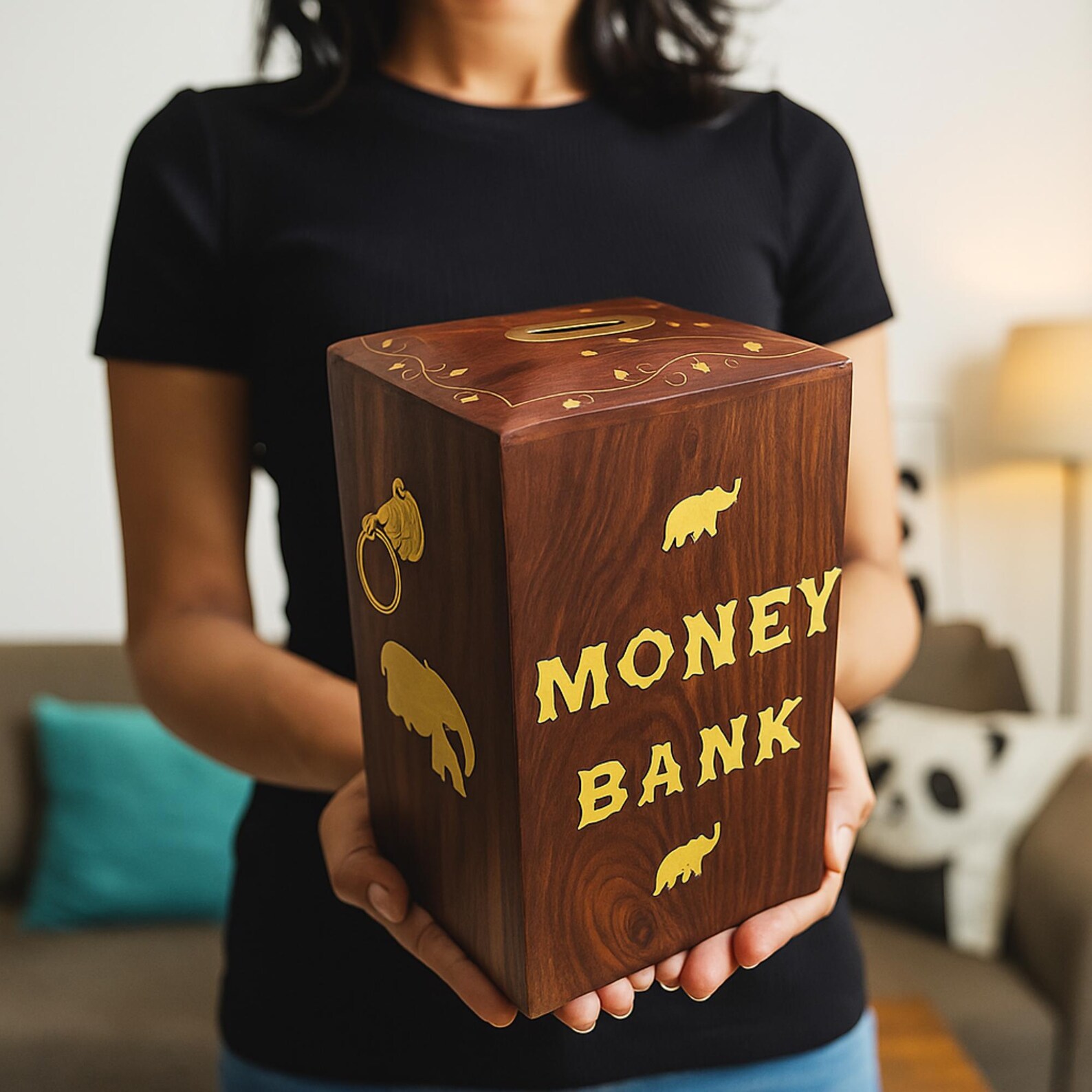 Handmade Sheesham Wood Coin Bank: Brass Inlay Money Box - Etsy