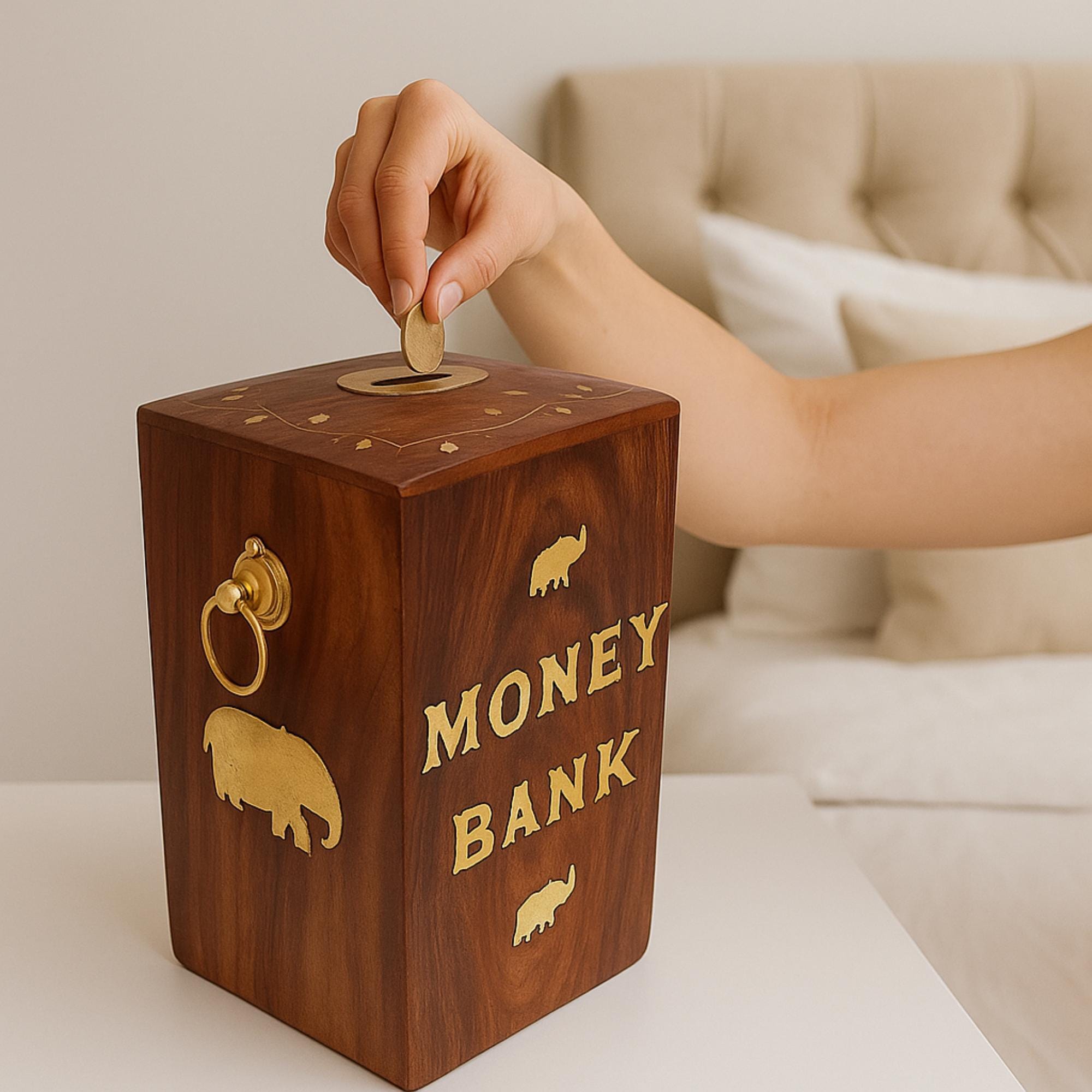 Handmade Sheesham Wood Coin Bank: Brass Inlay Money Box - Etsy