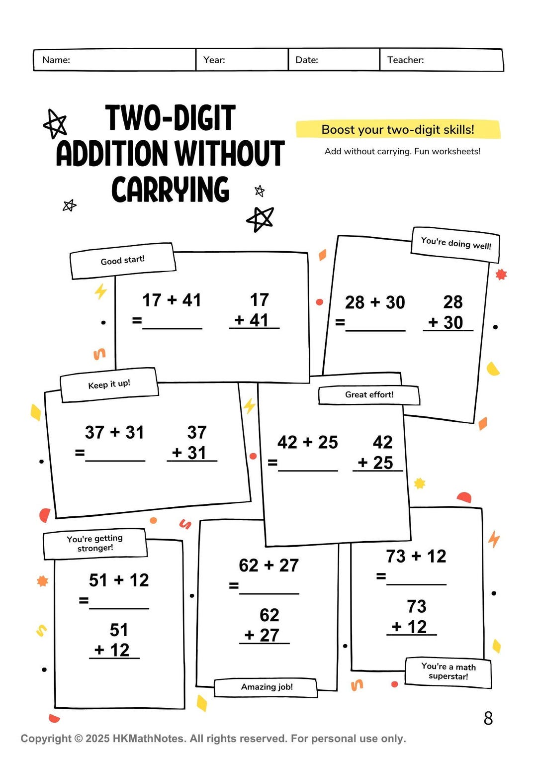 10 Pages Two-digit Addition No Carry Worksheets - Math Practice for ...