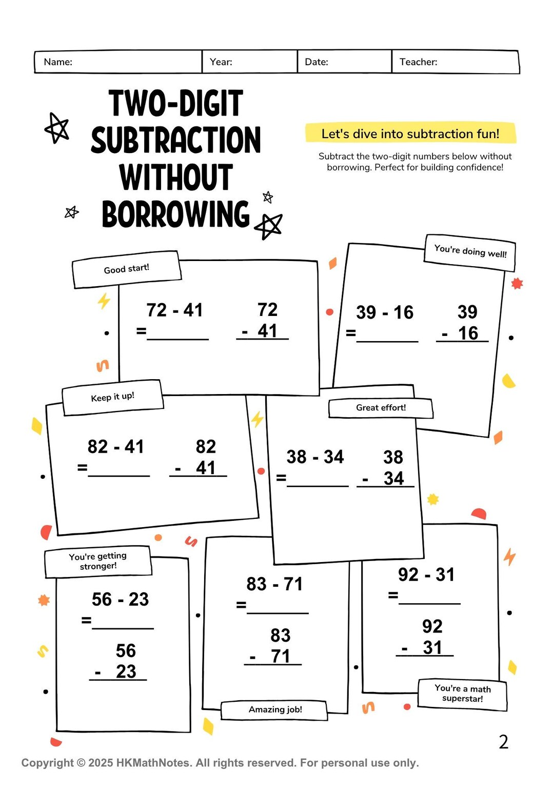 Two-digit Subtraction Worksheets for Beginners - No Borrowing - 10 ...