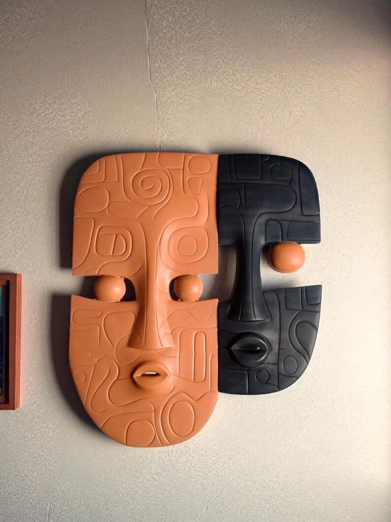 Mid-century Modern Wall Mounted Mask: Terracotta & Black Accent ...