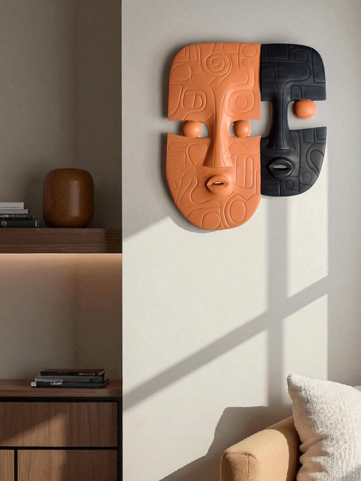 Mid-century Modern Wall Mounted Mask: Terracotta & Black Accent ...