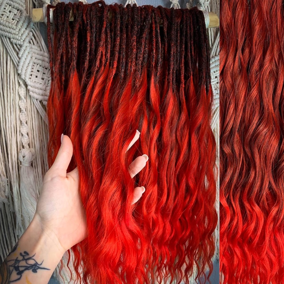 Red Ombré Curly Dreadlock Extensions, Dreads With Loose Ends, Full Set ...