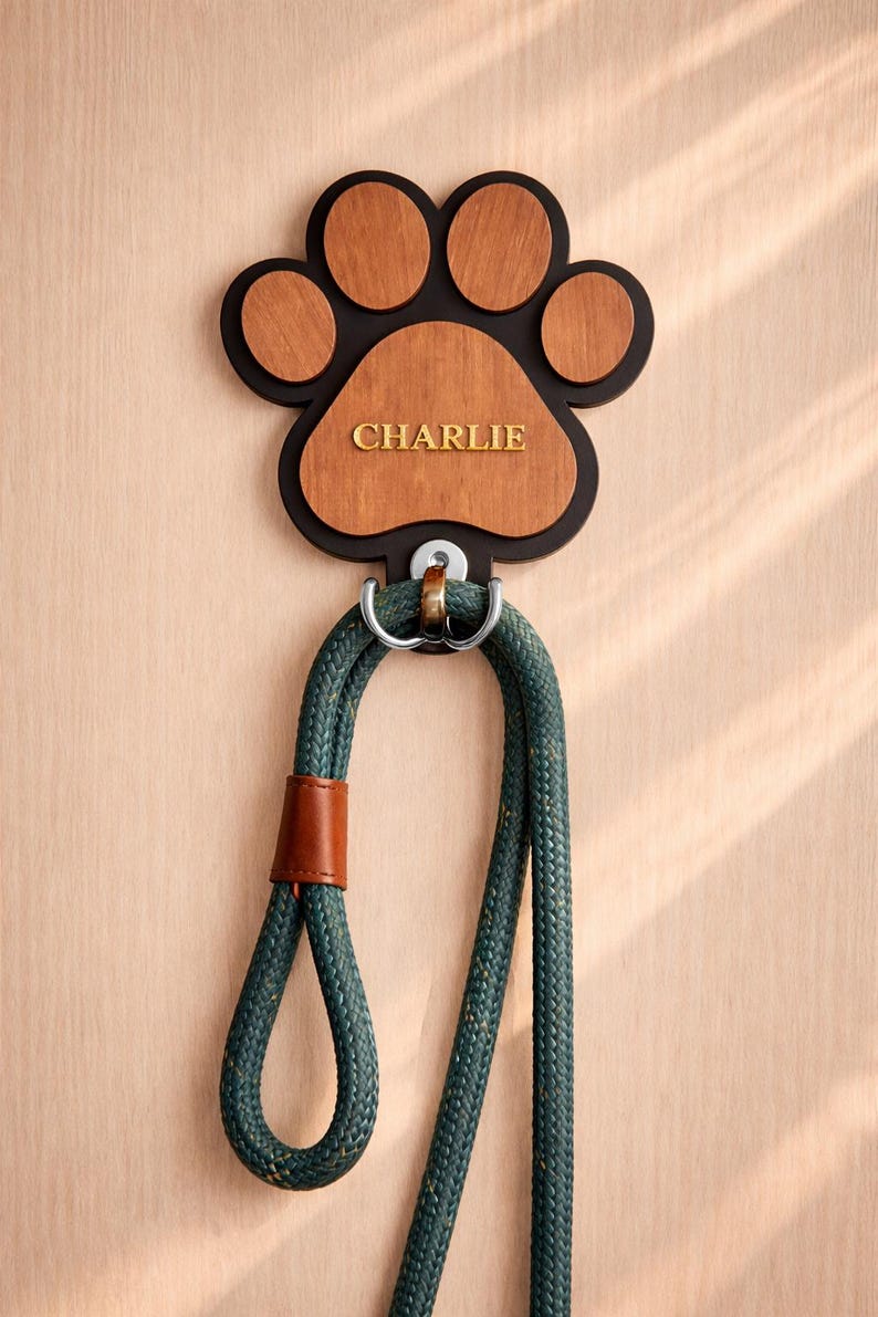 Personalized Wooden Leash Holder, Wall Hook With Your Pet’s Name Inlay ...