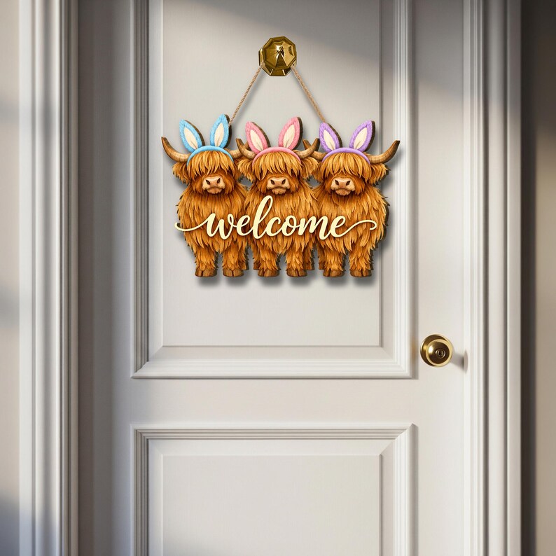 Highland Cow Bunny Ears Welcome Sign: Spring Door Decor, Easter ...