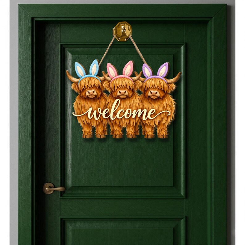 Highland Cow Bunny Ears Welcome Sign: Spring Door Decor, Easter ...