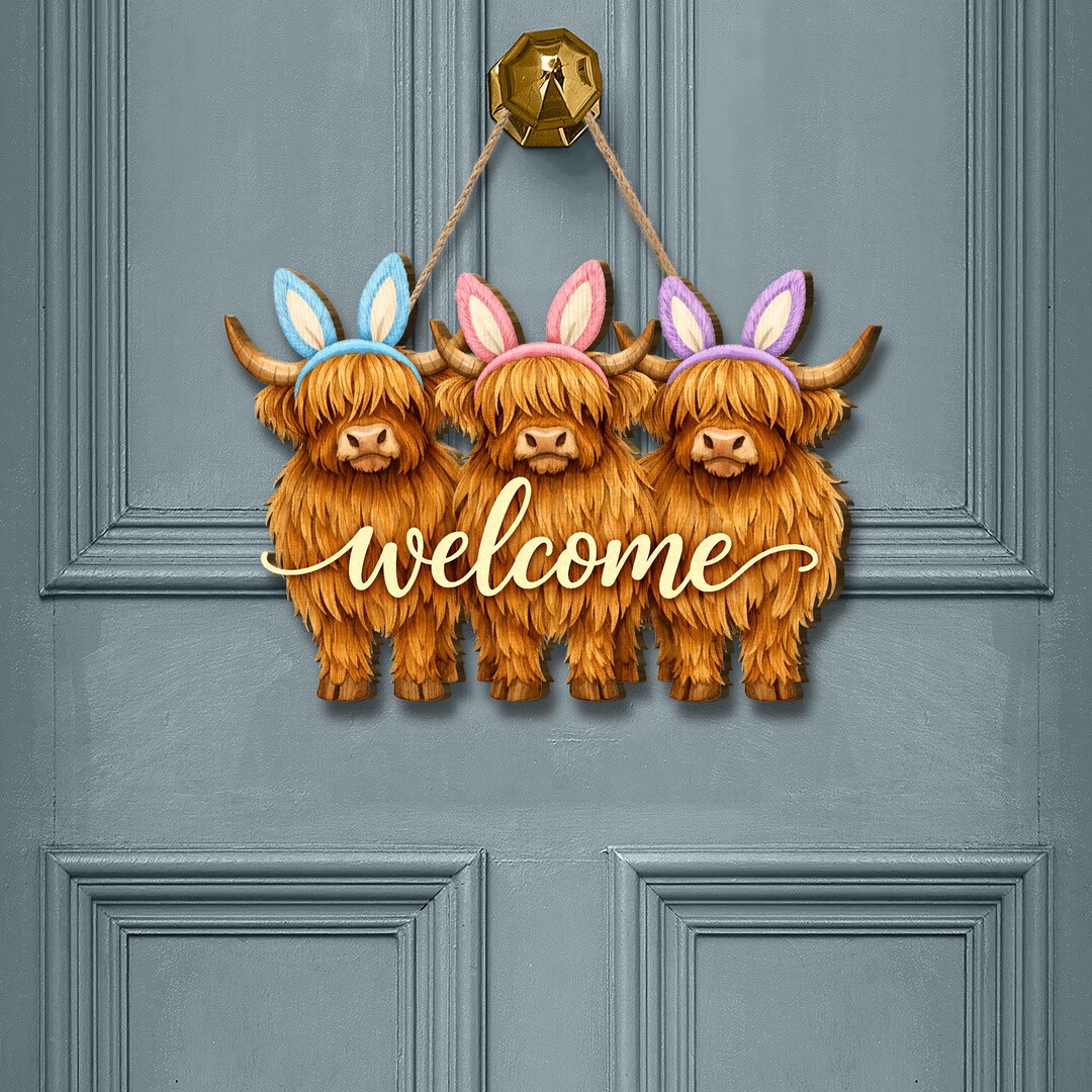 Highland Cow Bunny Ears Welcome Sign: Spring Door Decor, Easter ...