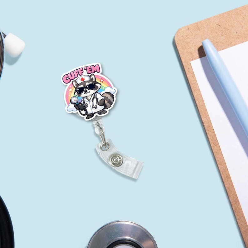 Funny Nurse Badge Reel: Raccoon Medical ID Holder, Cuff Em Rainbow ...