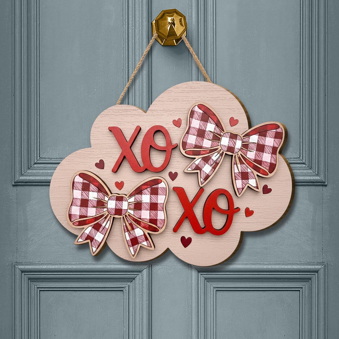 Wooden Door Sign: “XO XO” Text Decor, Gingham Bow Design, Valentine ...