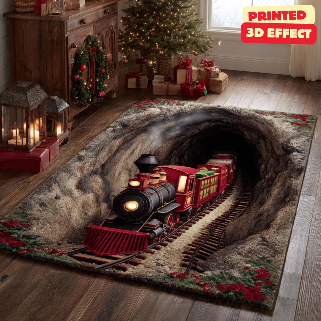 3D Train Tunnel Rug, Christmas Area Rug, Vintage Steam Train 3D Rug ...