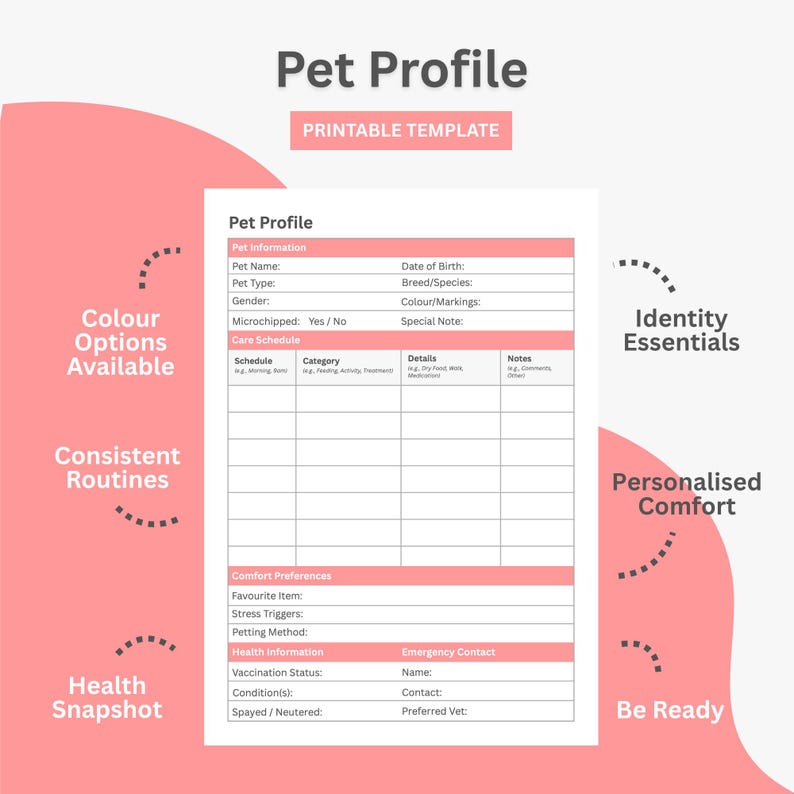 Pet Profile Printable Template | Organise Pet Information & Care ...