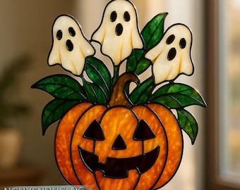 Halloween Ghost Pumpkin Acrylic Suncatcher, Spooky Jack-o’-lantern ...