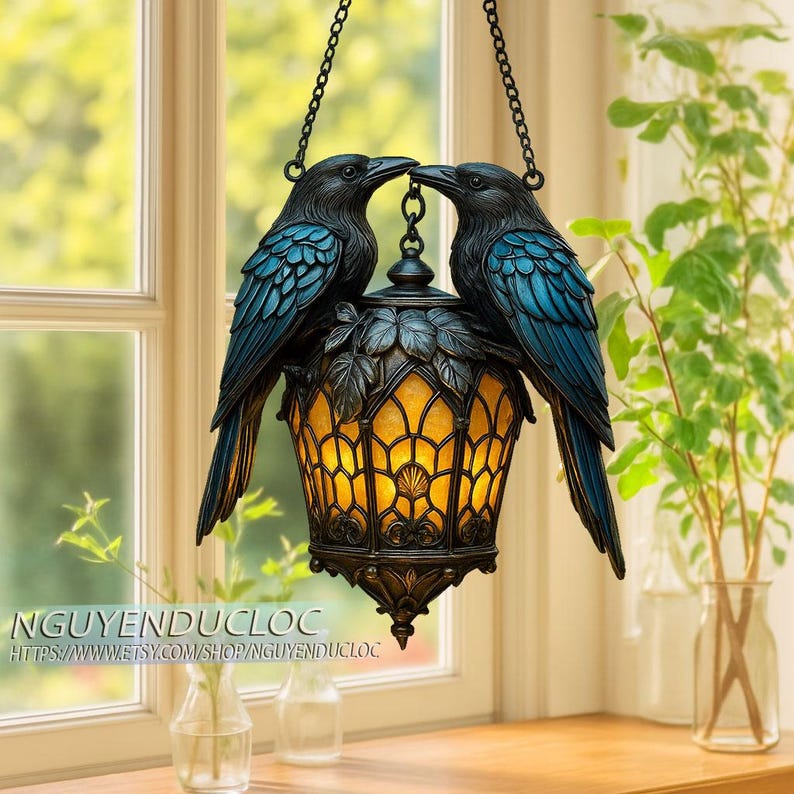 Gothic Raven Lantern Acrylic Light, Halloween Crow Hanging Lamp ...