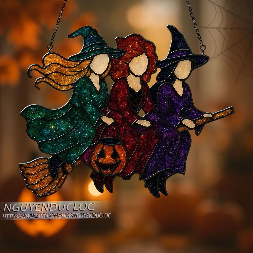 Halloween Witch Trio Acrylic Suncatcher, Three Witches Flying on Broom ...