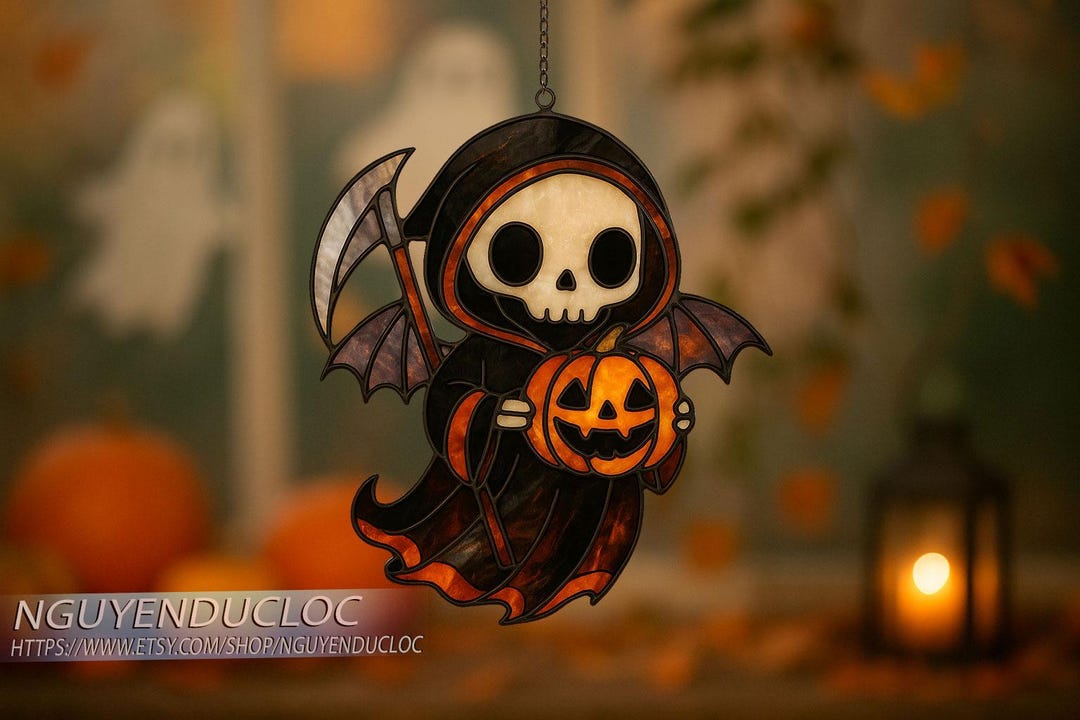 Halloween Grim Reaper Suncatcher, Tiffany Style Acrylic Skeleton With ...