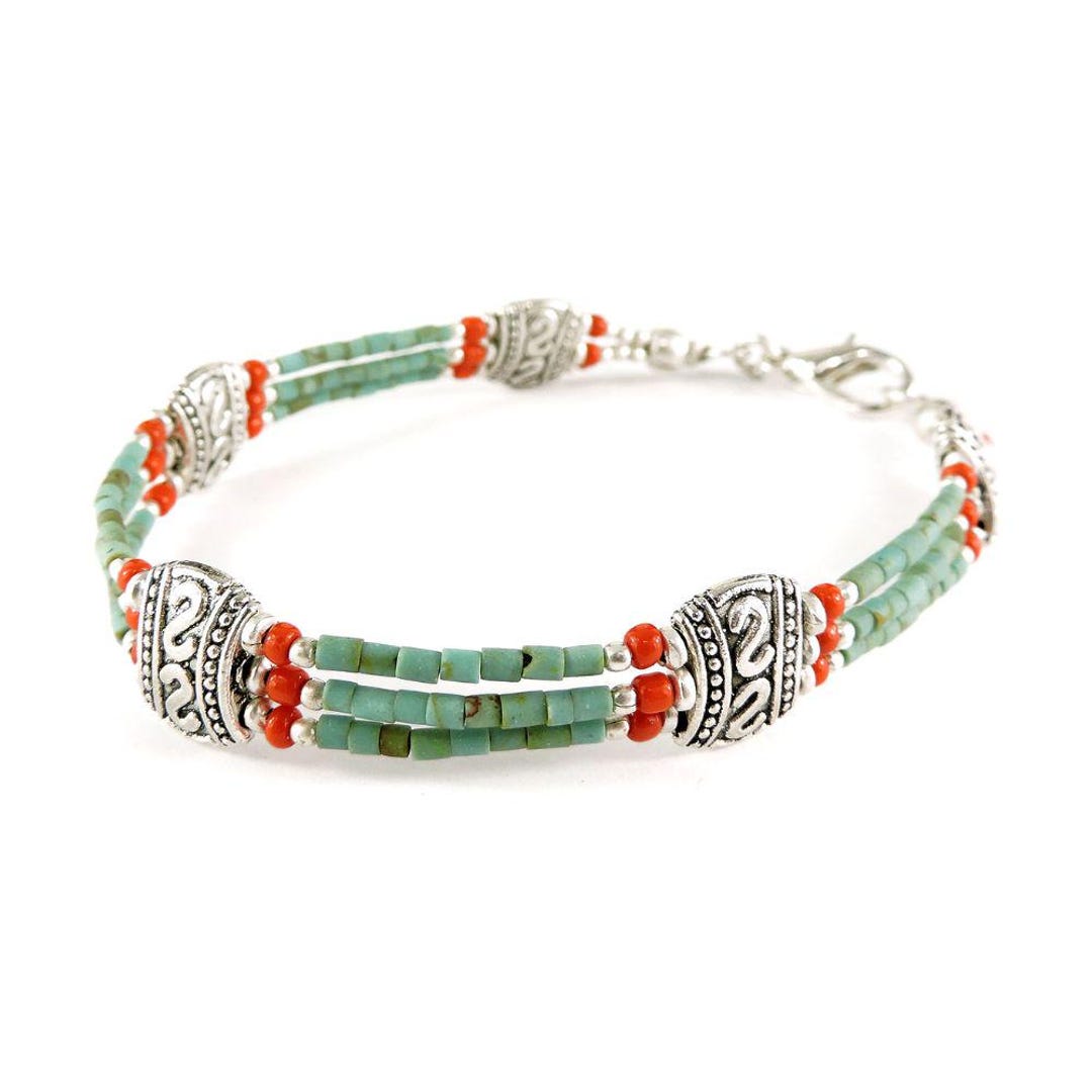 Pulsera de cuentas rojas y turquesa tibetana - Etsy España