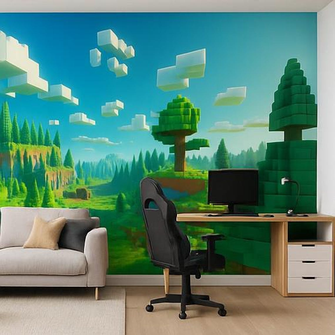 Minecraft Style Pixel Wallpaper Mural – Gamer Room Decor - Etsy