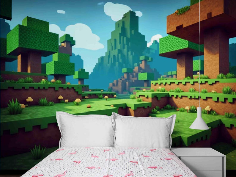 Pixel Block Landscape Wall Mural, Kids Gaming Room, Peel and Stick - Etsy