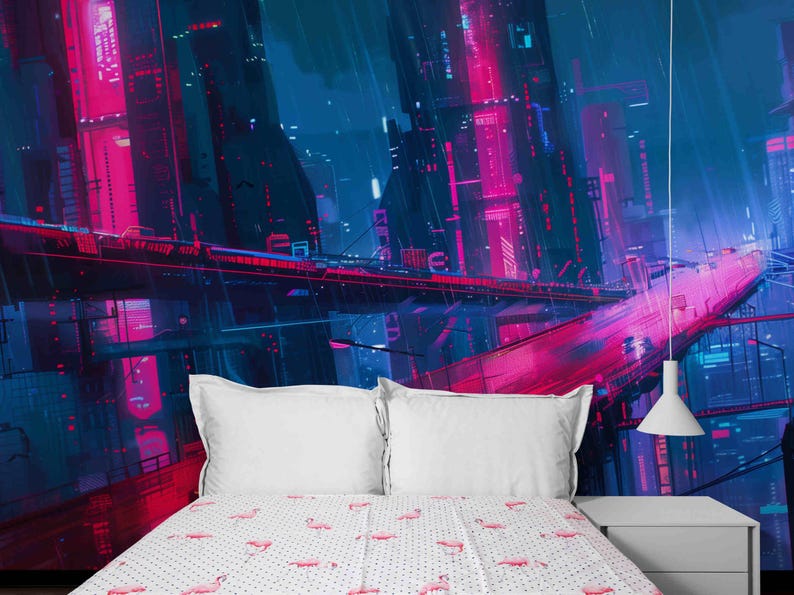 Cyberpunk City Wallpaper Mural – Neon Sci-fi Wall Decor - Etsy