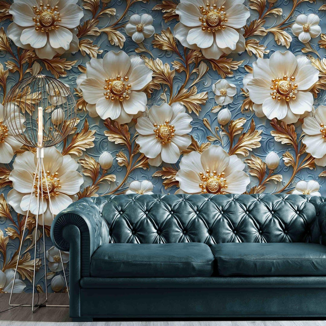 3D Floral Wallpaper Mural – Pearl White and Gold Flowers, Peel and ...