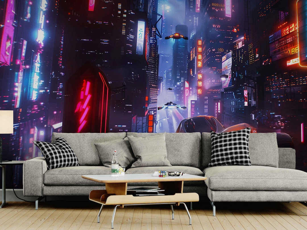 Cyberpunk Neon City Peel and Stick Wall Mural – Futuristic Sci-fi ...