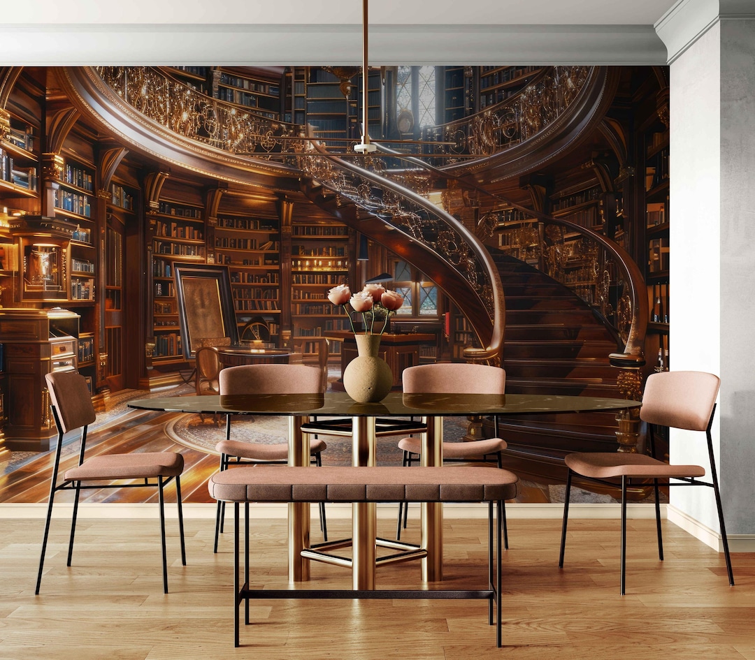 Luxury Vintage Library Wall Mural – Classic Bookcase & Staircase ...