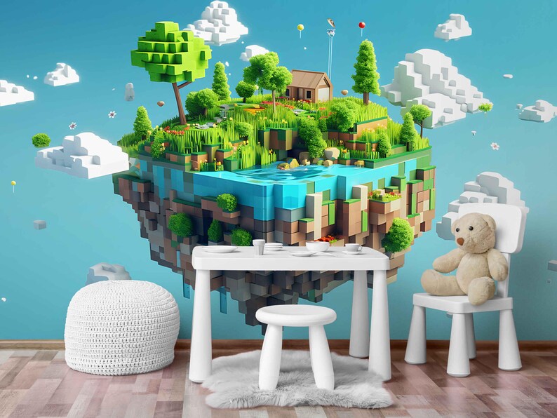 Kids Floating Voxel Island Wall Mural – Bright Block World Wallpaper ...