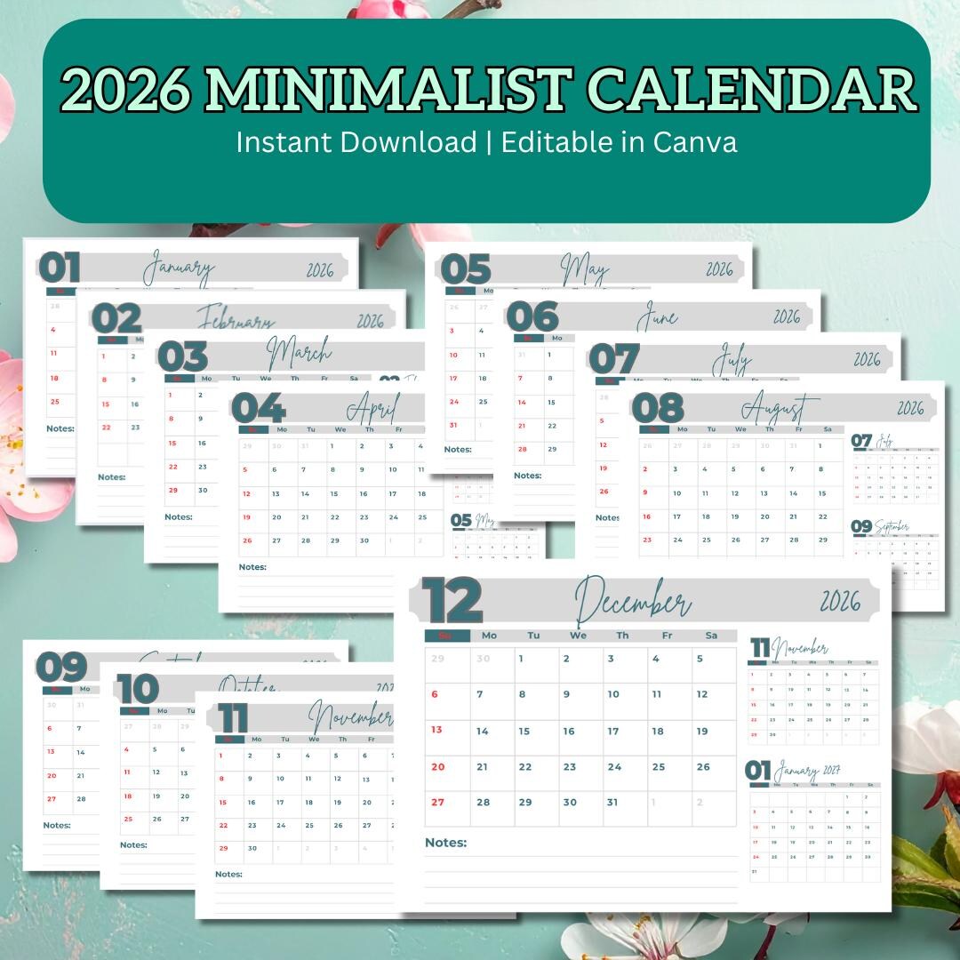 2026 Minimalist Calendar Teal Theme | Digital Download | Canva Editable ...