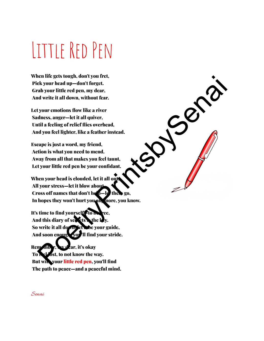 Little Red Pen | Poetry Prints by Senai - Etsy