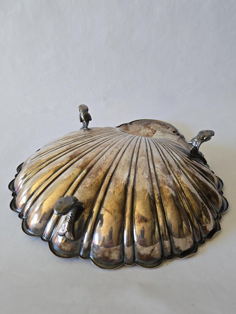 Vintage Large 10" Etched Silverplate Clam Shell Dish With Fish Feet ...