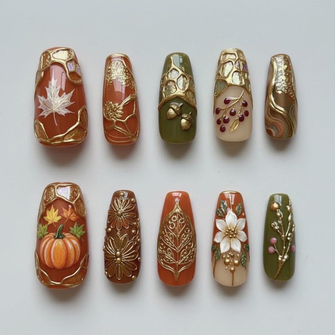 Handmade Fall Press on Nails | Autumn Pumpkin, Maple Leaf & Floral 3D ...