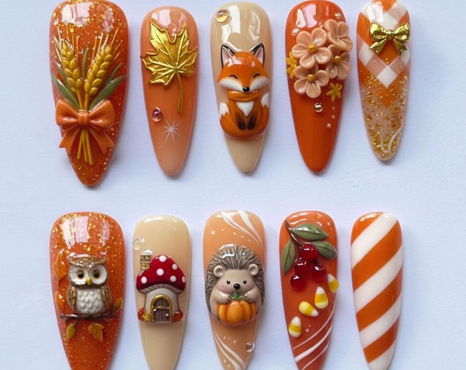 Press on Nails Fox, Fall, Autumn, Forest, Botanical, Leaves, Fairycore ...