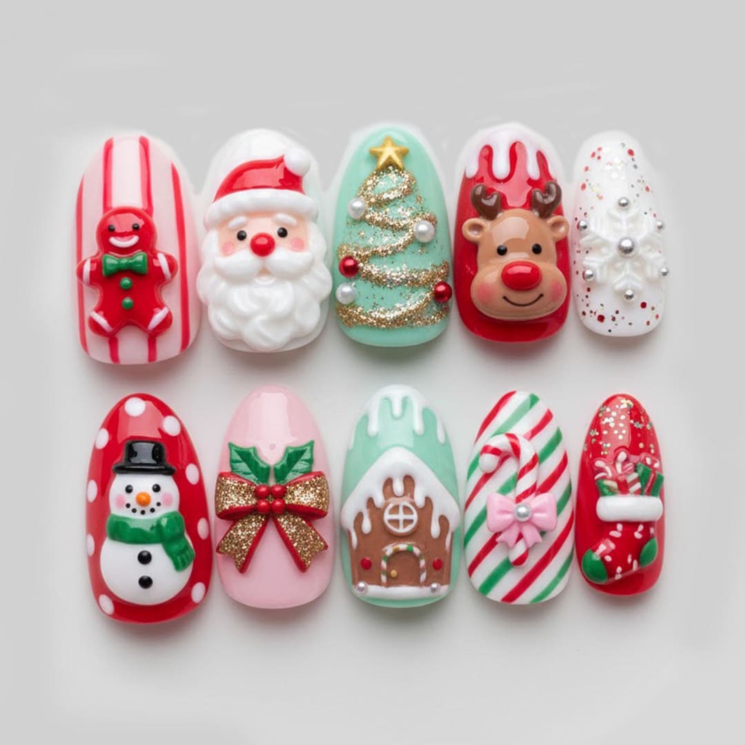 Kawaii Christmas Press on Nails | 3D Santa, Reindeer, Gingerbread ...