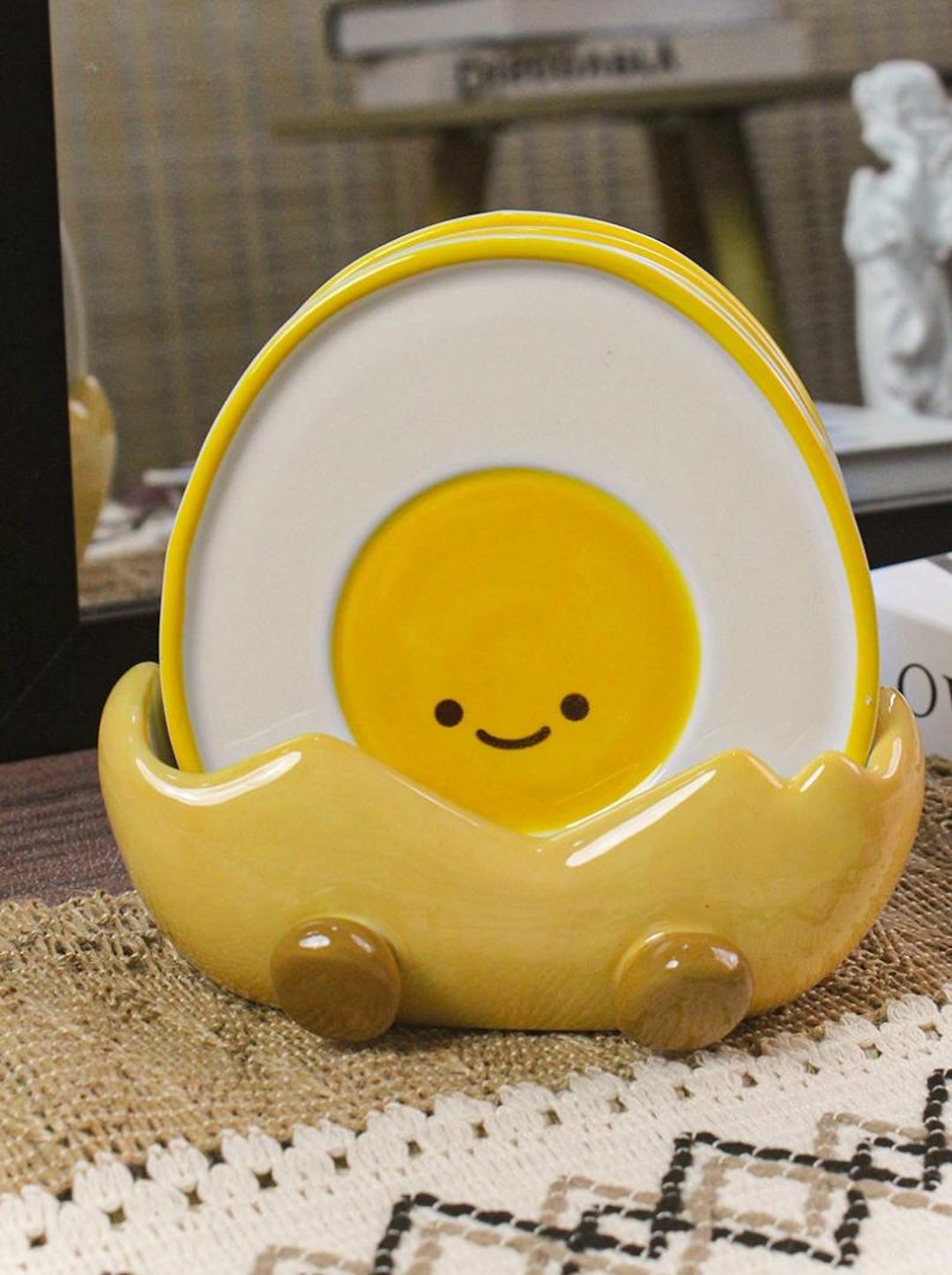 Ceramic Egg Dish Set: Smiling Yolk Plates, Whimsical Kitchen Decor - Etsy