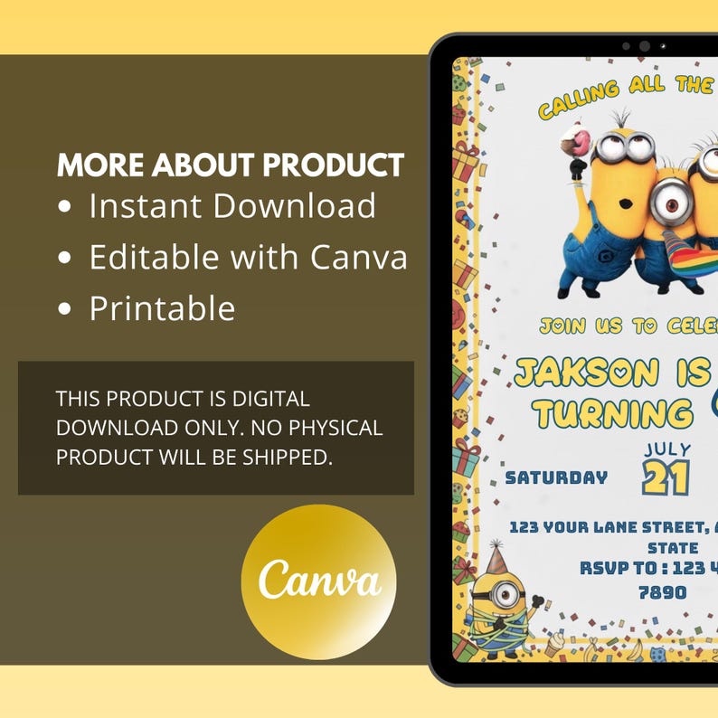 Editable Minions Birthday Invitation Template, Kids Party (digital ...