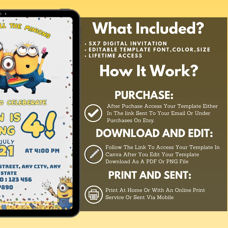 Editable Minions Birthday Invitation Template, Kids Party (digital ...