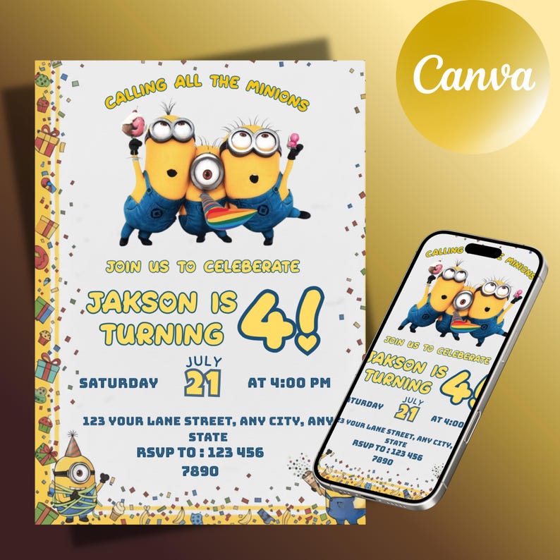 Editable Minions Birthday Invitation Template, Kids Party (digital ...