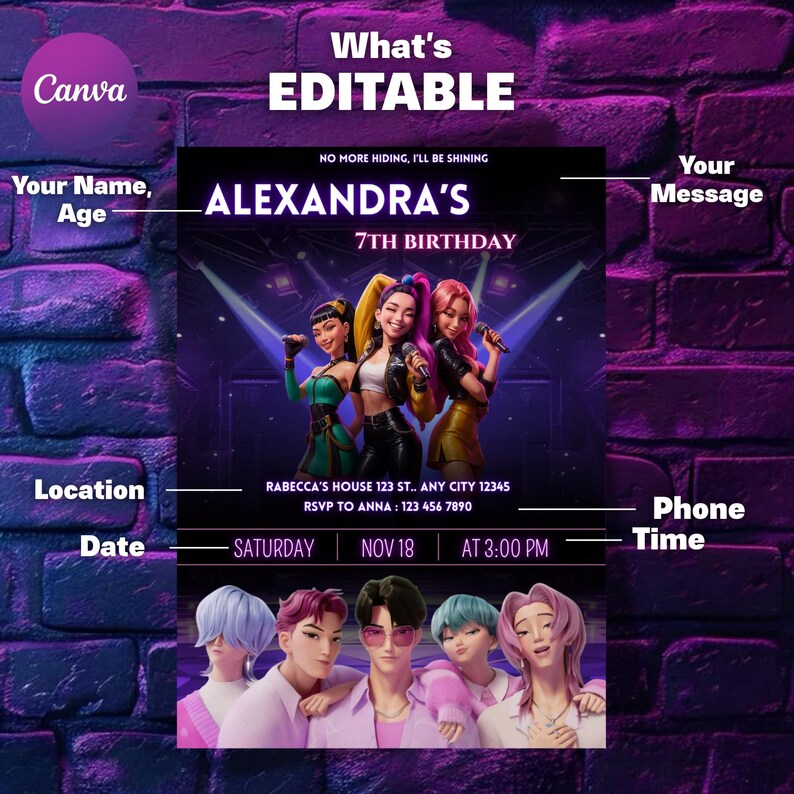 KPOP Birthday Invitation, Editable Canva Template, Demon Hunters K-pop ...