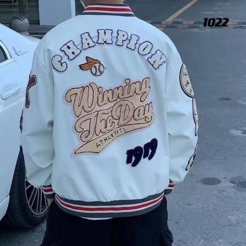 White Varsity Jacket With Patches – Retro College Bomber - Etsy