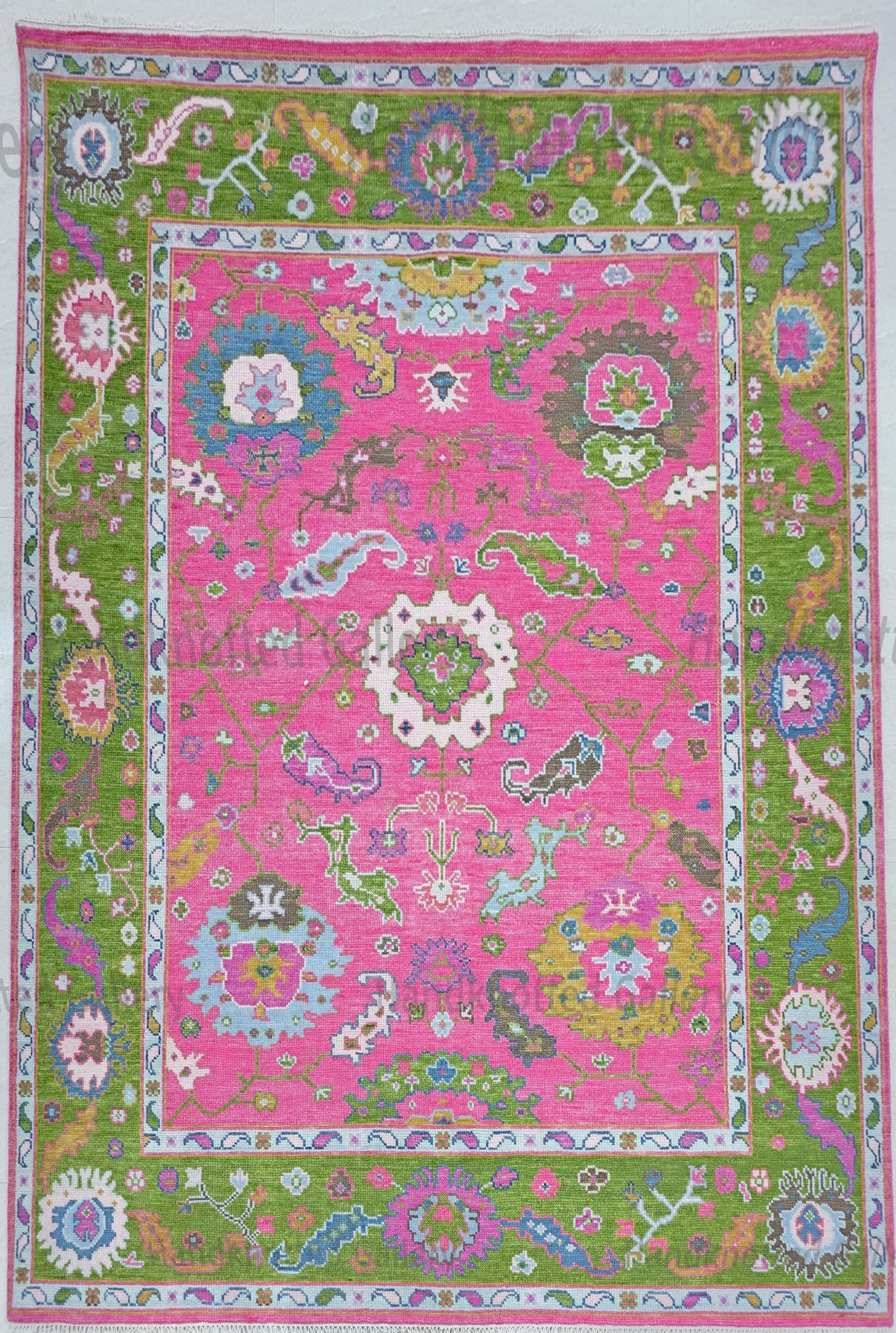 Handmade Vintage Turkish Oushak Rug: Pink & Green Floral Bohemian ...
