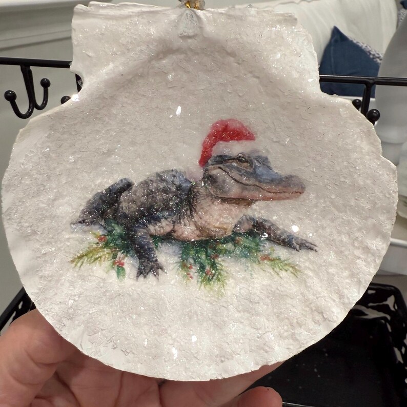 Christmas Alligators Scallop Shell Ornament • Coastal Holiday Decor ...