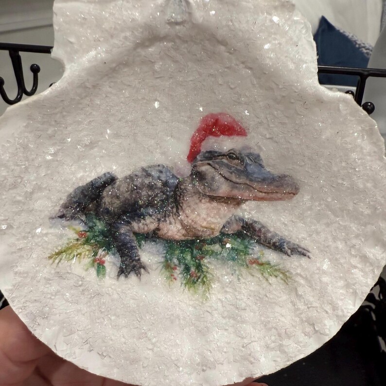 Christmas Alligators Scallop Shell Ornament • Coastal Holiday Decor ...